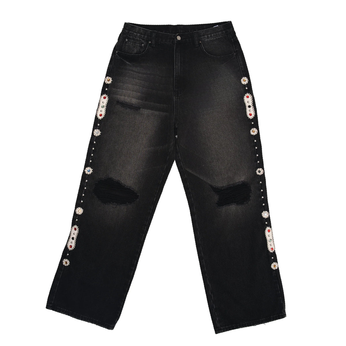 15 OZ. BAGGY EMBELLISHED JEANS BLACK – Token Miami