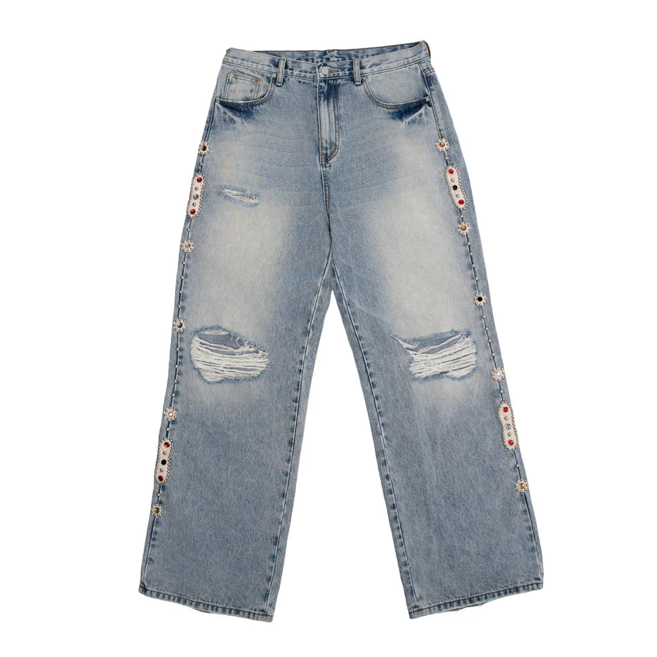 15 OZ. BAGGY EMBELLISHED JEANS BLUE – Token Miami